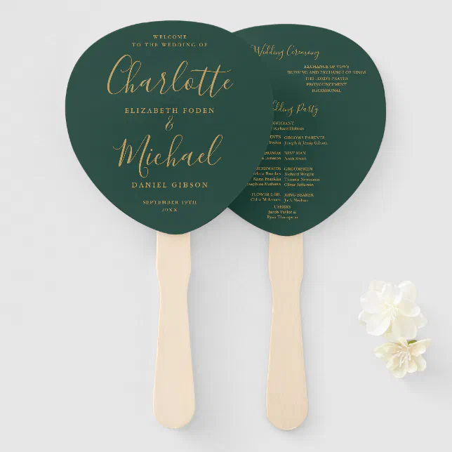 Emerald Green And Gold Wedding Program Hand Fan | Zazzle