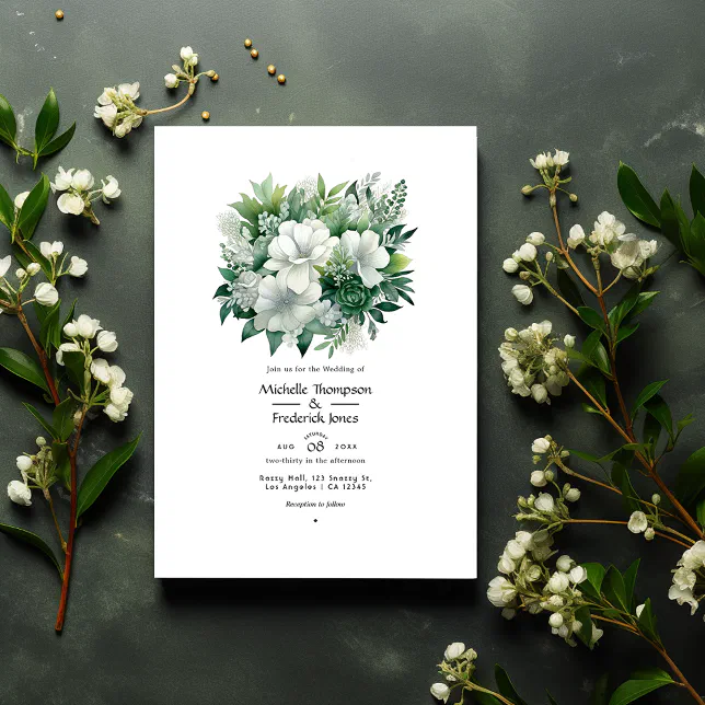 Emerald Green and Silver Floral Wedding Invitation | Zazzle