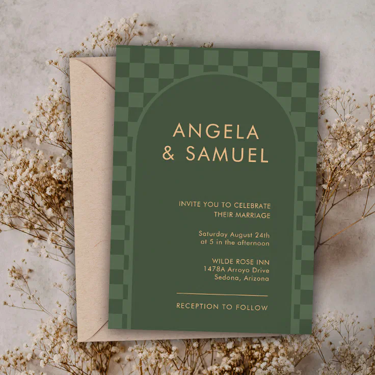 Emerald Green Checkered Modern Wedding Invitation | Zazzle