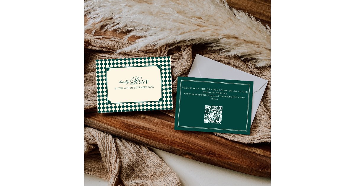 Emerald Green Checkered Old Money QR Code Wedding RSVP Card | Zazzle