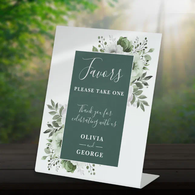 Emerald Green Elegant Floral Wedding Favors Pedestal Sign | Zazzle