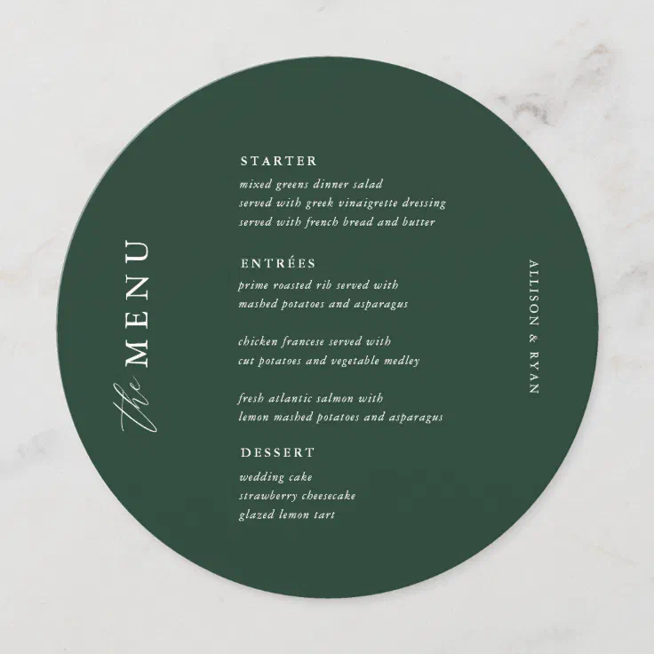 Emerald Green Elegant Wedding Table Circle Menu | Zazzle