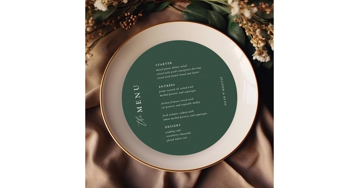 Emerald Green Elegant Wedding Table Circle Menu | Zazzle