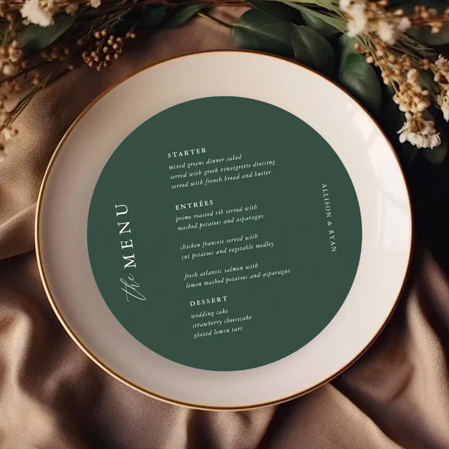 Emerald Green Elegant Wedding Table Circle Menu | Zazzle