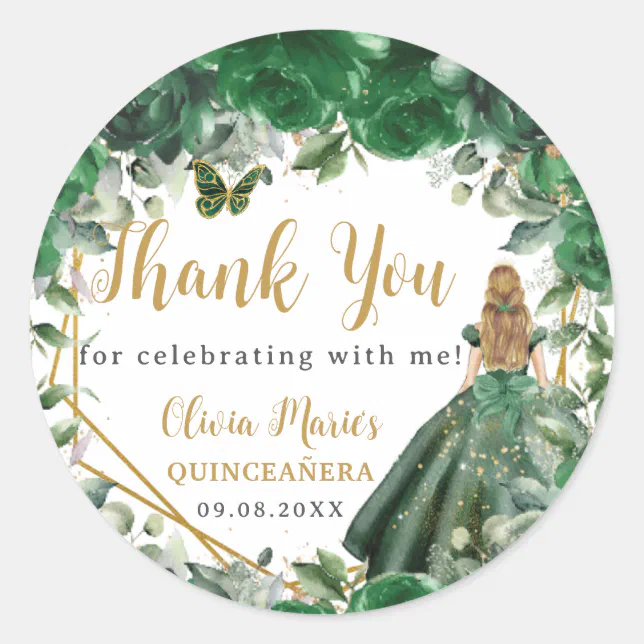 Emerald Green Floral Blonde Princess Quinceañera Classic Round Sticker ...