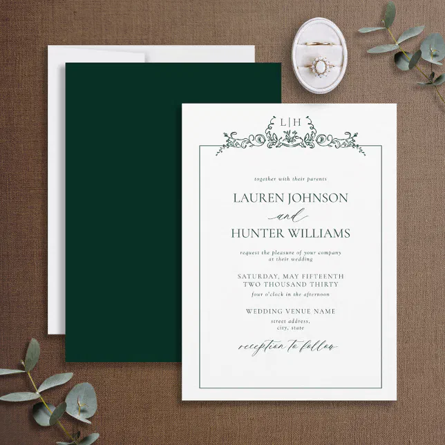 Emerald Green Floral Border Monogram Wedding Invitation | Zazzle