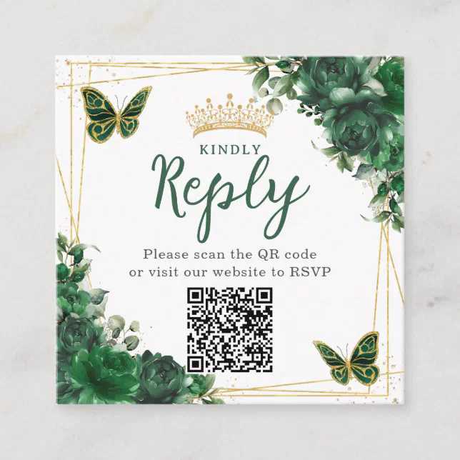 Emerald Green Floral Butterfly Quinceanera QR Code Enclosure Card | Zazzle