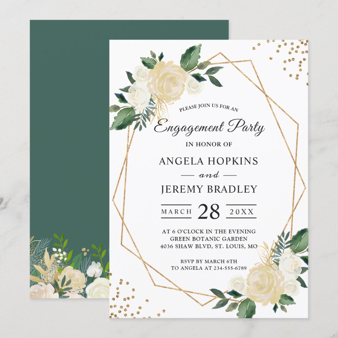 Emerald Green Floral Gold Frame Engagement Party Invitation | Zazzle