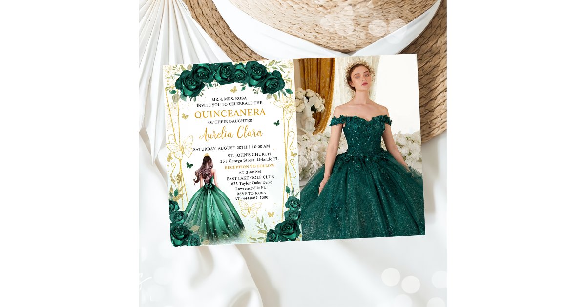 Emerald Green Floral Princess Quinceañera Photo Invitation Zazzle