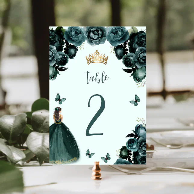 Emerald Green Floral Princess Quinceañera Table Number | Zazzle