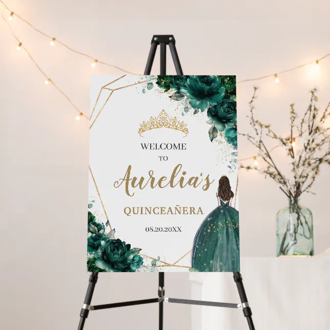 Emerald Green Floral Quinceañera Geometric Welcome Foam Board | Zazzle