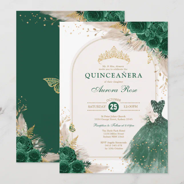Emerald Green Floral Quinceañera Princess Dress Invitation | Zazzle