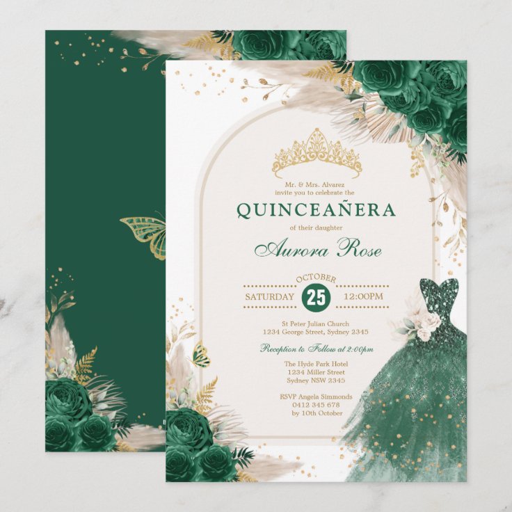 Emerald Green Floral Quinceañera Princess Dress Invitation | Zazzle