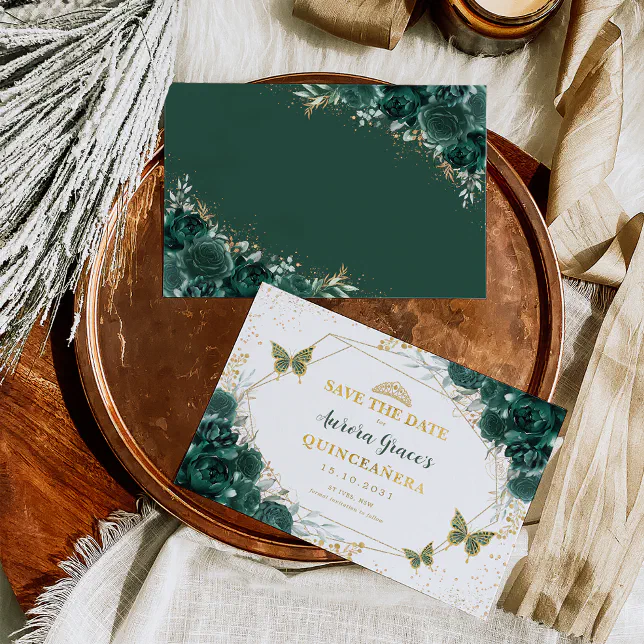 Emerald Green Floral Quinceanera Save the Date Announcement | Zazzle