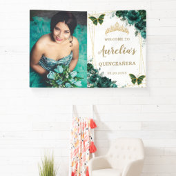 Emerald Green Floral Quinceañera Welcome Backdrop Banner | Zazzle