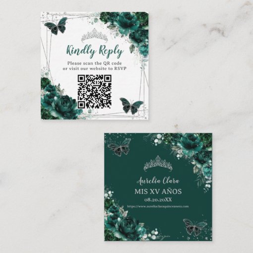 Emerald Green Floral Silver Quinceañera QR Code Enclosure Card | Zazzle