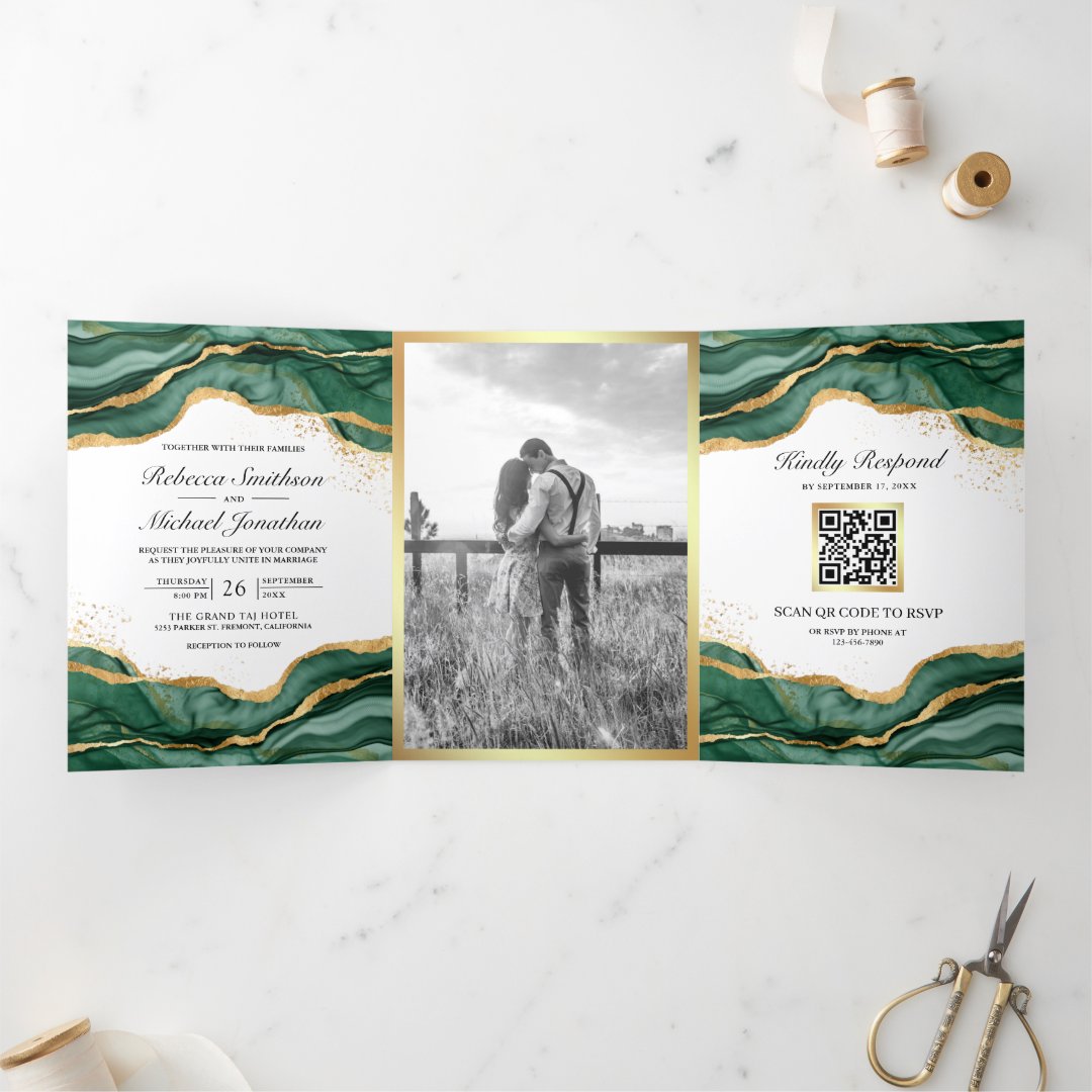 Emerald Green Gold Abstract Ink QR Code Wedding Tri-Fold Invitation ...