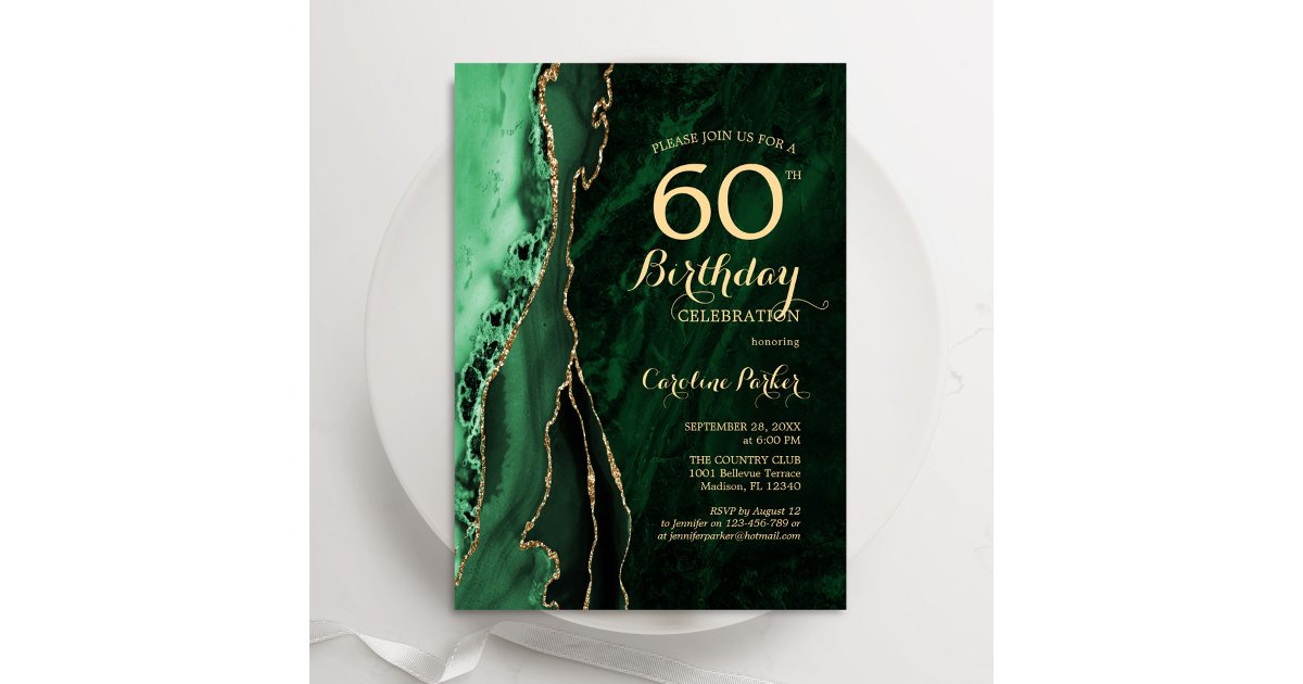 Emerald Green Gold Agate 60th Birthday Invitation | Zazzle