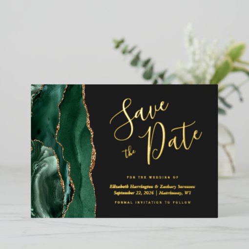 Emerald Green Gold Agate Dark Save the Date Foil Invitation | Zazzle