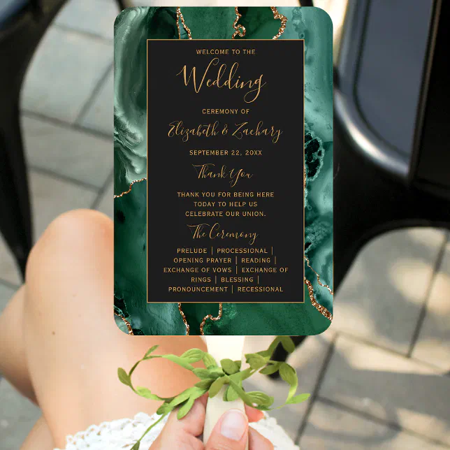 Emerald Green Gold Agate Dark Wedding Program Hand Fan | Zazzle