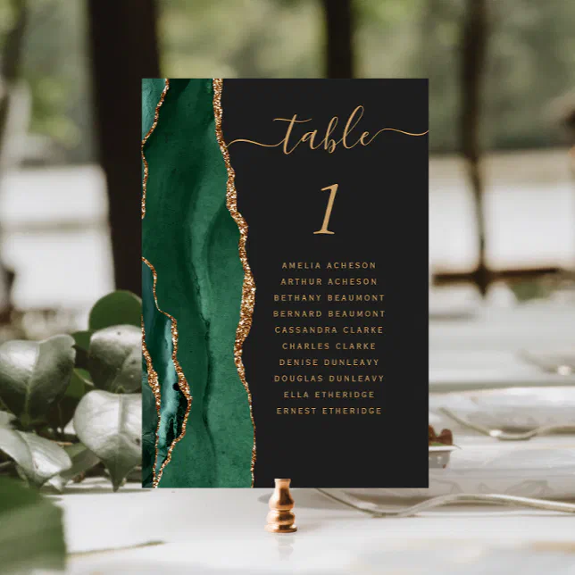 Emerald Green Gold Agate Dark Wedding Table Number | Zazzle