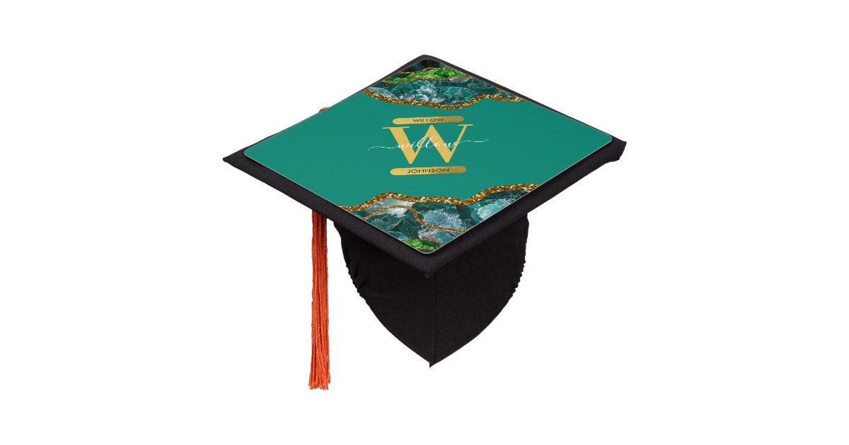 Emerald Green & Gold Agate Geode Glitter Monogram Graduation Cap Topper ...
