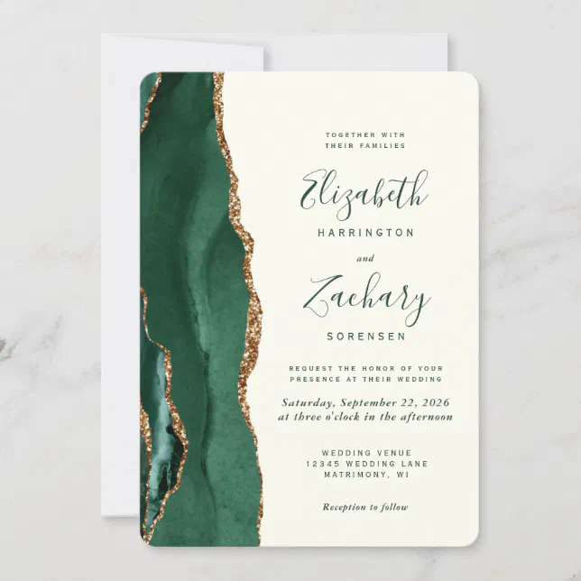 Emerald Green Gold Agate Ivory Rounded Wedding Invitation | Zazzle