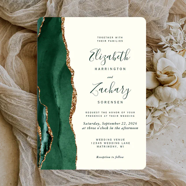 Emerald Green Gold Agate Ivory Rounded Wedding Invitation | Zazzle
