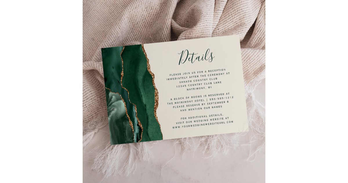 Emerald Green Gold Agate Ivory Wedding Details Enclosure Card | Zazzle