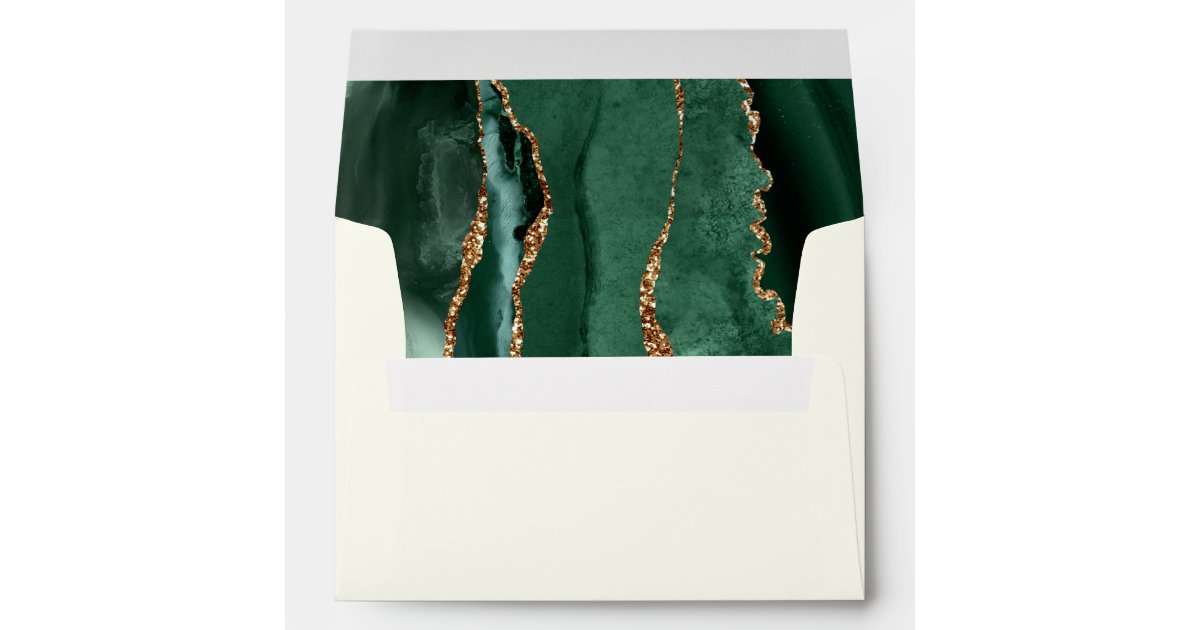 Emerald Green Gold Agate Ivory Wedding Envelope | Zazzle