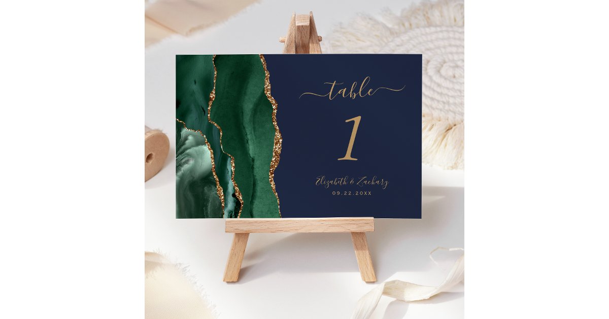Emerald Green Gold Agate Navy Blue Wedding Table Number | Zazzle