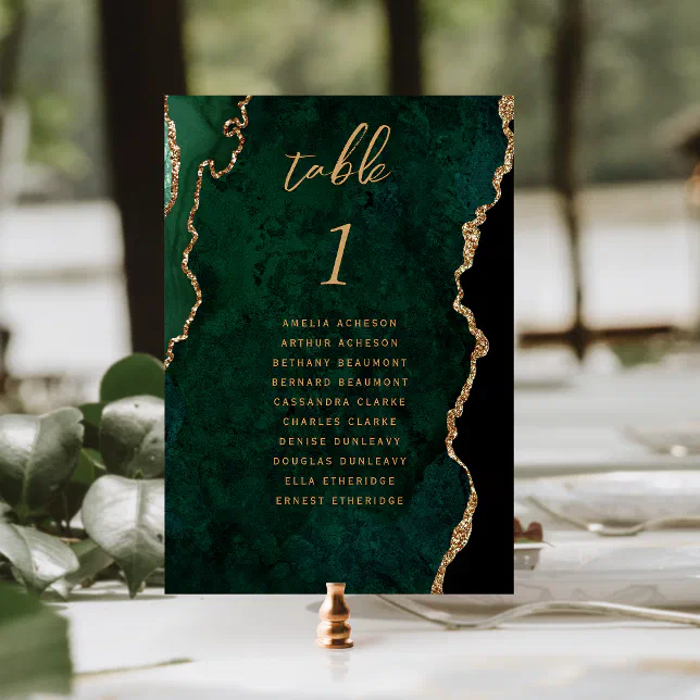 Emerald Green Gold Agate Wedding Table Number | Zazzle