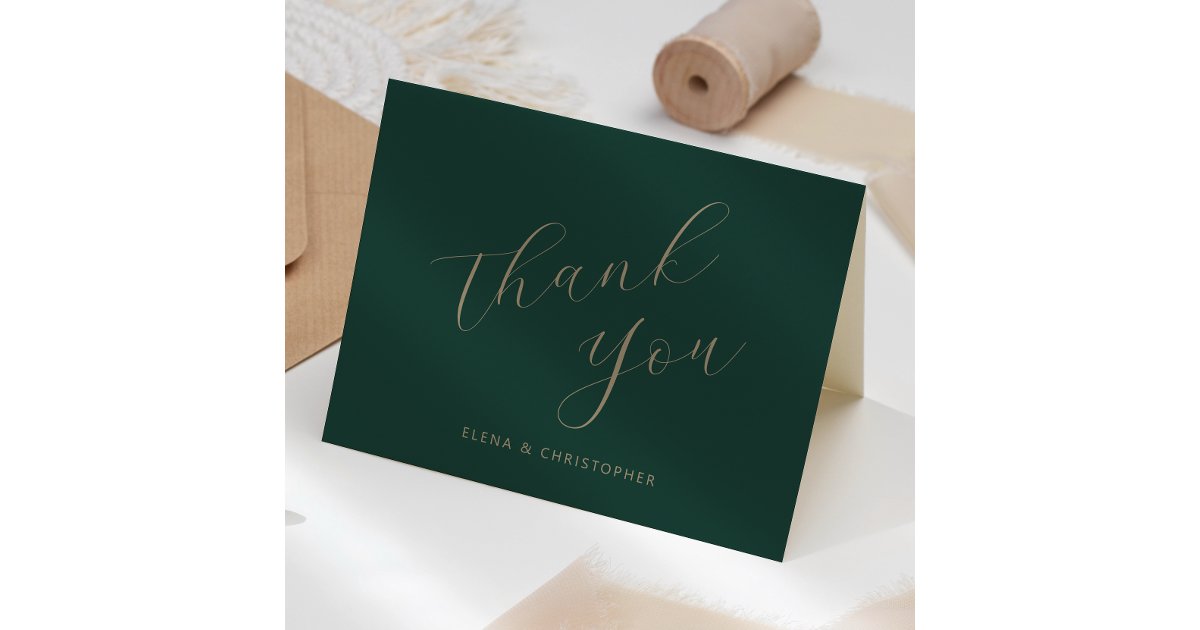 Emerald Green Gold Calligraphy Wedding Thank You Card | Zazzle