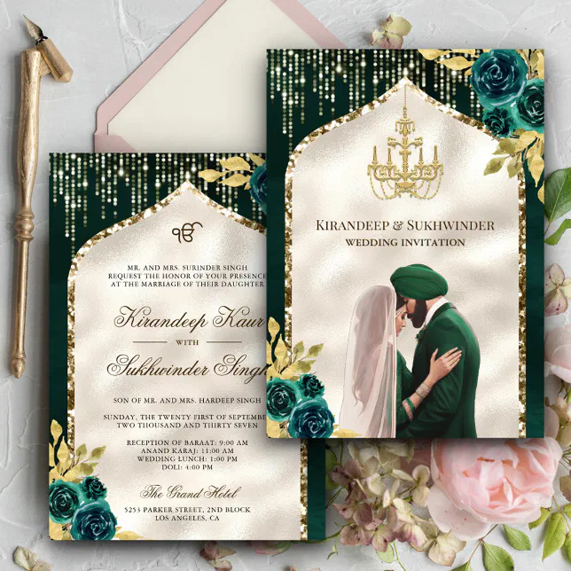 Emerald Green Gold Floral Anand Karaj Sikh Wedding Invitation | Zazzle
