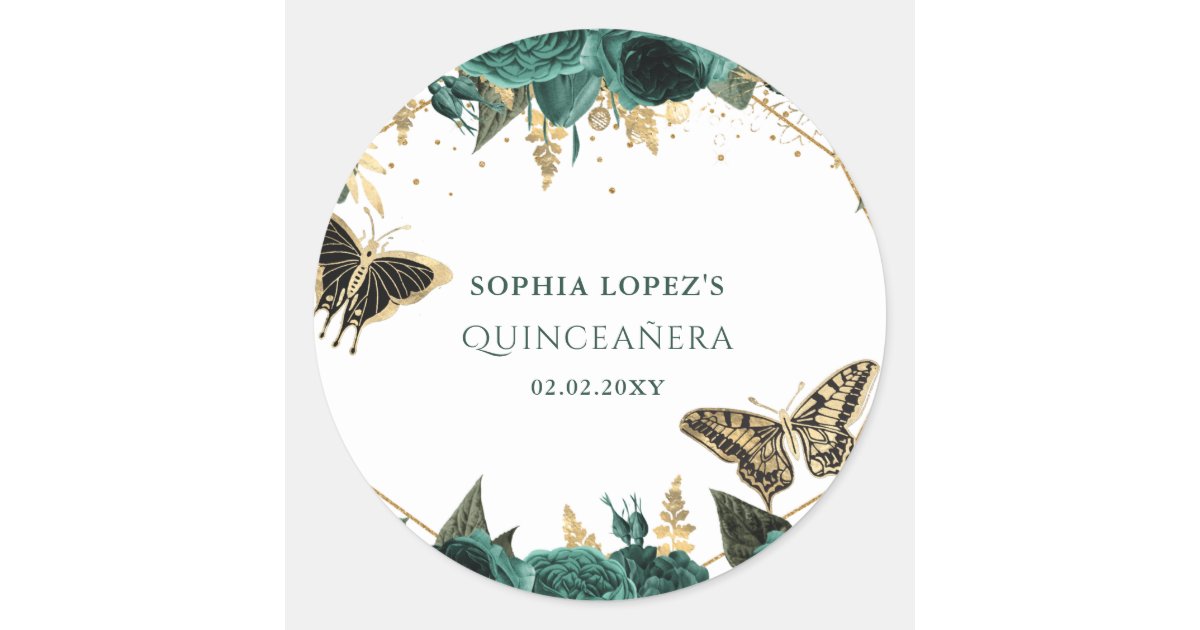 Emerald Green Gold Floral Elegant Quinceanera Classic Round Sticker ...