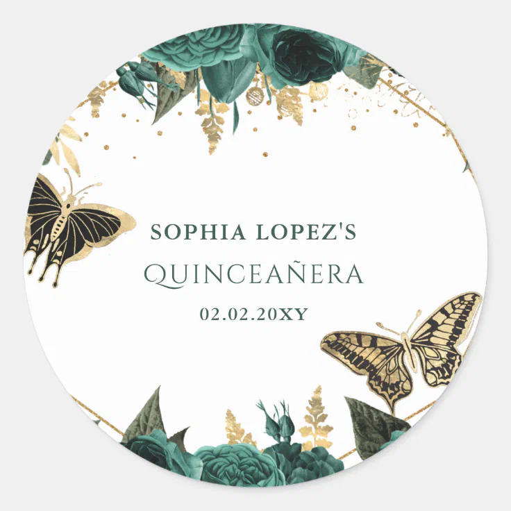 Emerald Green Gold Floral Elegant Quinceanera Classic Round Sticker ...