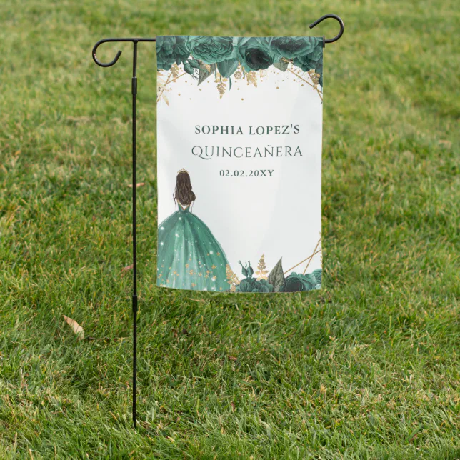 Emerald Green Gold Floral Princess Quinceanera Garden Flag | Zazzle