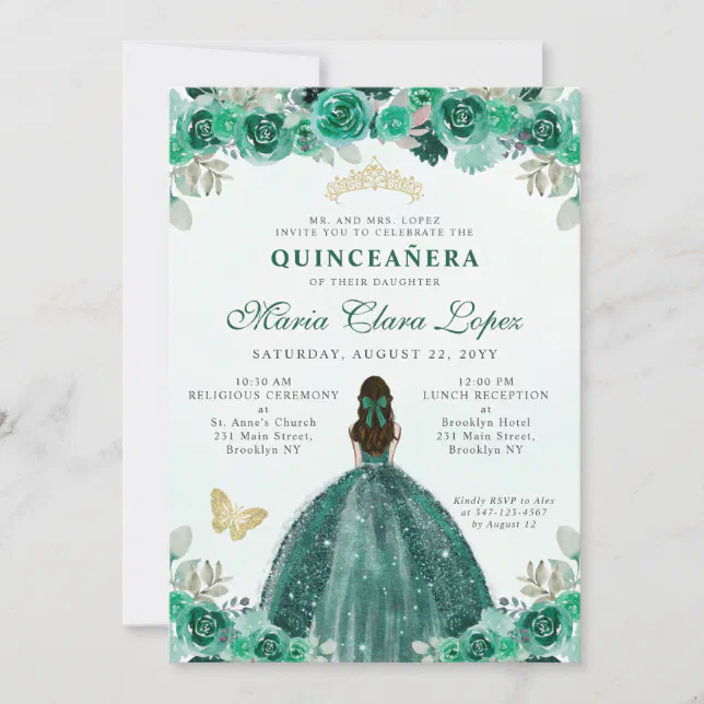Emerald Green Gold Floral Princess Quinceañera Invitation | Zazzle Emerald Green Gold Floral Princess Quinceañera Invitation | Zazzle