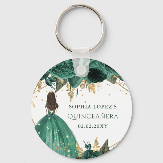 Emerald Green Gold Floral Princess Quinceanera Keychain | Zazzle