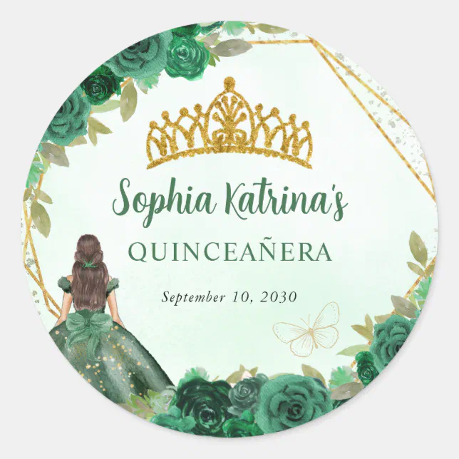 Emerald Green Gold Floral Princess Tiara Favor Classic Round Sticker ...