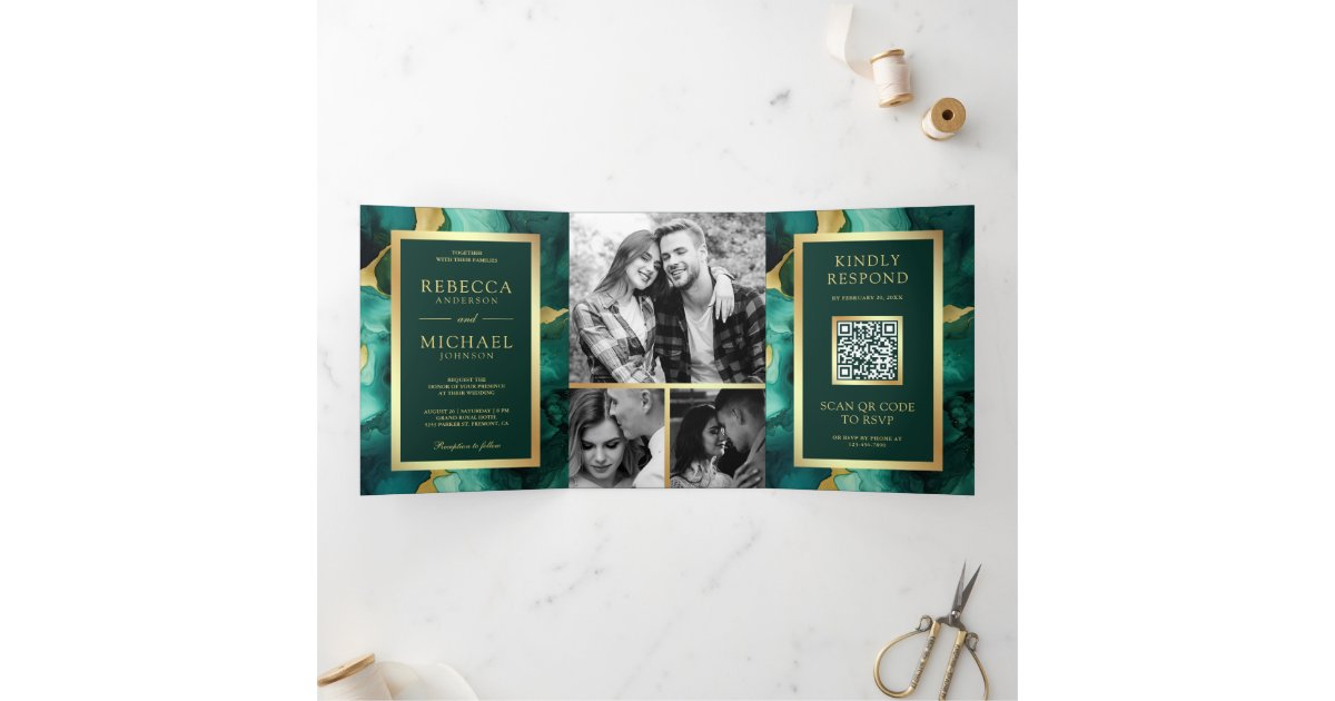 Emerald Green Gold Fluid Ink QR Code Wedding Tri-Fold Invitation | Zazzle