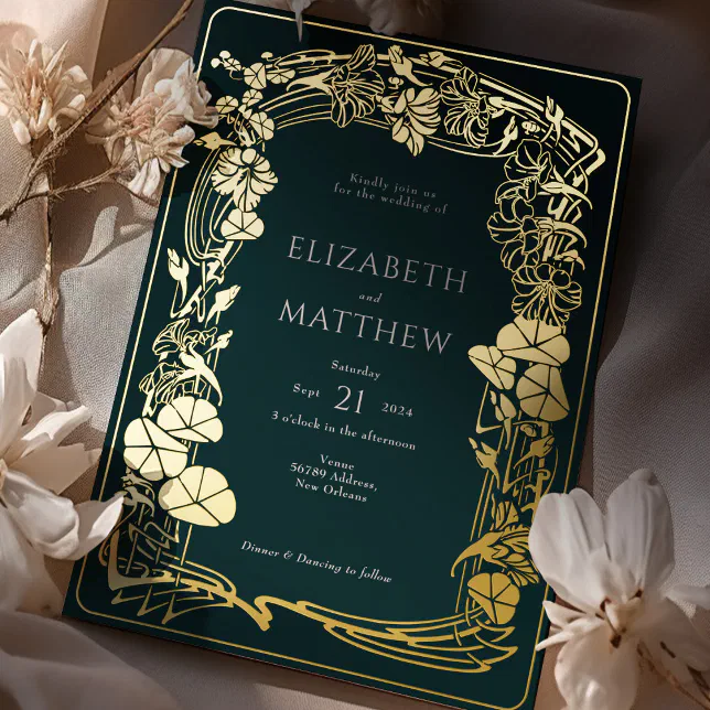 Emerald Green Gold Foil Floral Wedding Foil Invitation | Zazzle