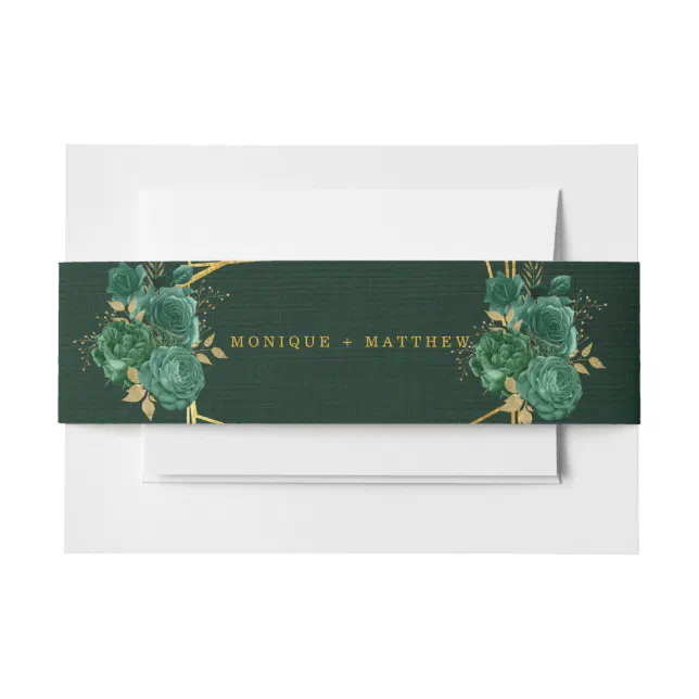 Emerald Green Gold Geometric Floral Wedding Invitation Belly Band | Zazzle Emerald Green Gold Geometric Floral Wedding Invitation Belly Band | Zazzle