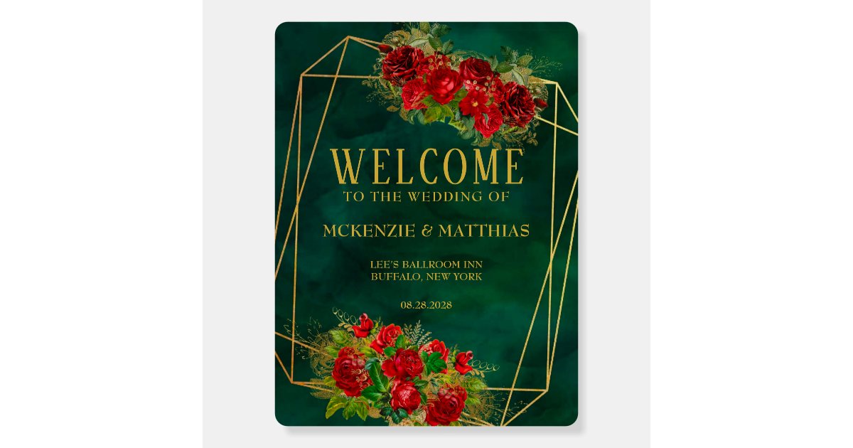 Emerald Green Gold Geometric Red Rose Welcome Sign | Zazzle