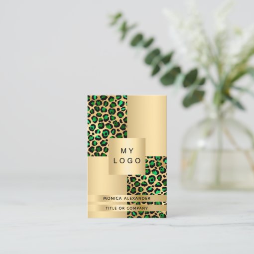 Emerald green gold leopard logo QR code Business Card | Zazzle