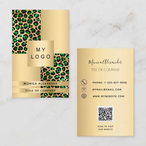 Emerald green gold leopard logo QR code Business Card | Zazzle