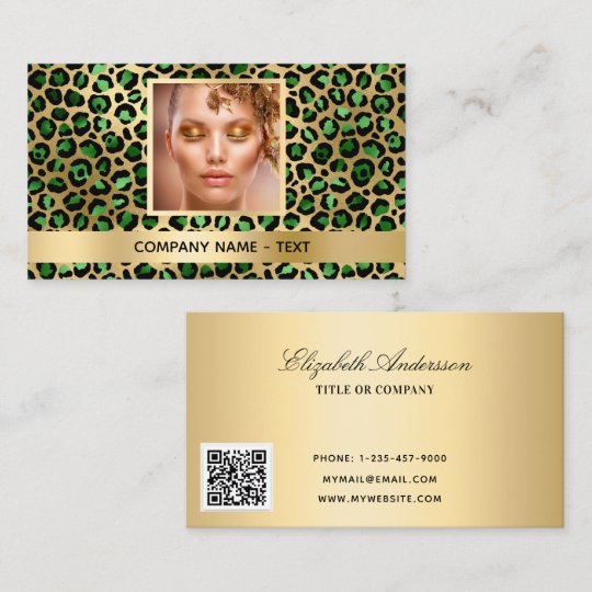Emerald green gold leopard photo QR code Business Card | Zazzle.com