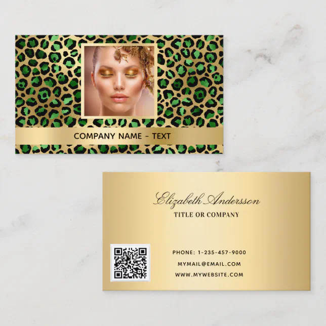Emerald green gold leopard photo QR code Business Card | Zazzle