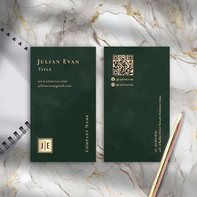 Emerald Green & Gold Luxe Monogram Vertical Business Card | Zazzle