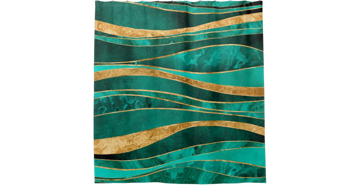 Emerald Green Gold Metallic Wavy Abstract Shower Curtain | Zazzle